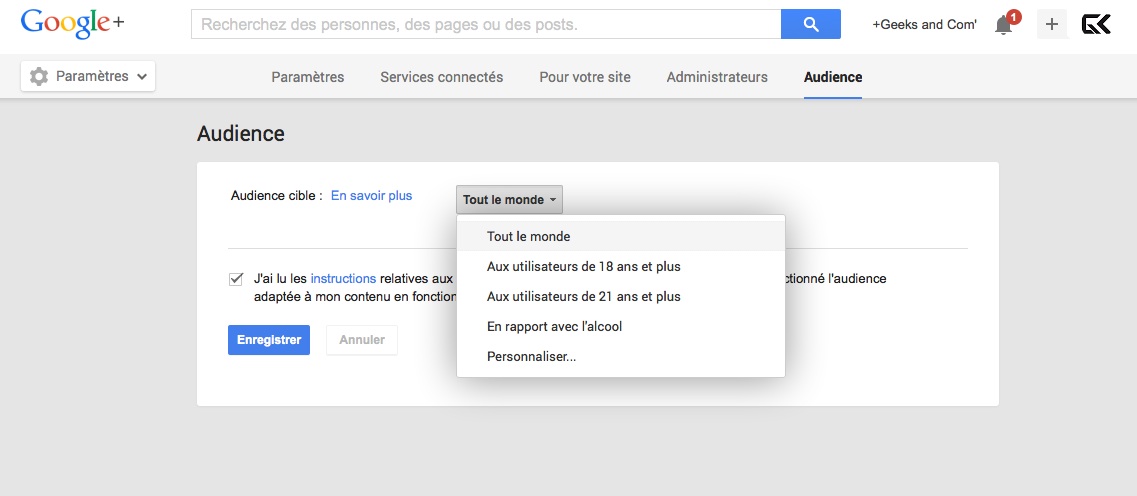 Google+ permet maintenant de définir une audience cible pour sa page ...